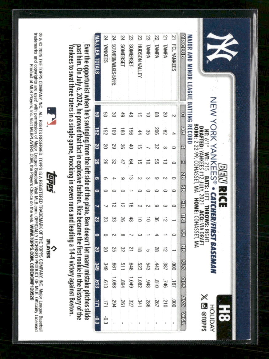 2025 Topps Holiday Blue Metallic Glitter Holiday Ben Rice Rookie #H8